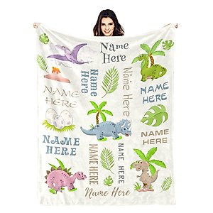 Personalized Dinosaur Throw Blanket for Kids Boys, Dinosaur Design Custom Name Baby Blanket, Baby Swaddle Blankets with Cute Animal, Customized Swadding Blanket for Toddler Newborn Birthday Gifts