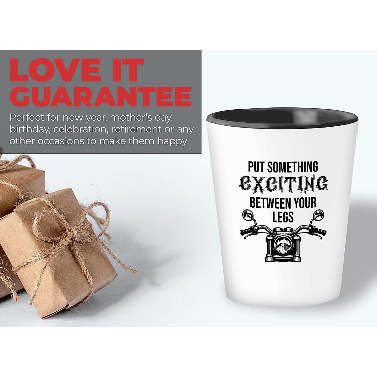 Bubble Hugs Biker Shot Glass 1.5oz White - Put Something Exciting Between Your Legs - Motorcycle Motorbike Rider Adult Humor