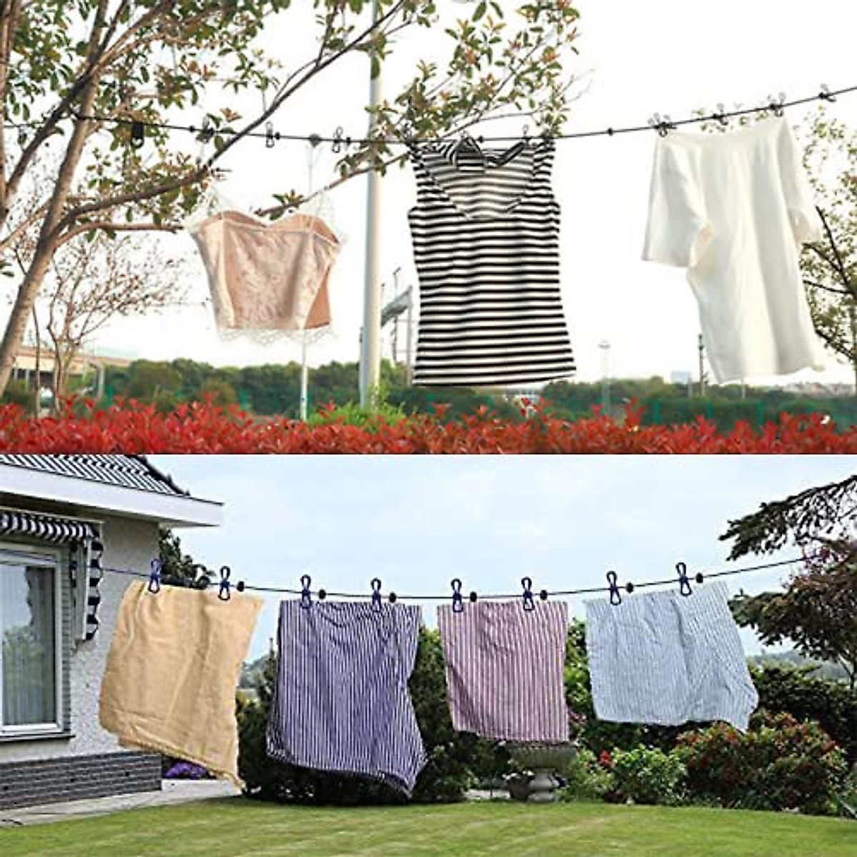 Retractable Clothesline for Travel Camping Outdoor, Portable Elastic Clothesline Rope with 12 Clothes Clips, 13 Anti-Skid Clips for Indoor Laundry Drying line,Backyard, RV Cruise Accessories