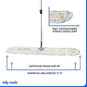 Tidy Tools Commercial Dust Mop & Floor Sweeper, 48 in. Dust Mop for Hardwood Floors, Cotton Reusable Dust Mop Head, Extendable Mop Handle, Industrial Dry Mop for Floor Cleaning & Janitorial Supplies