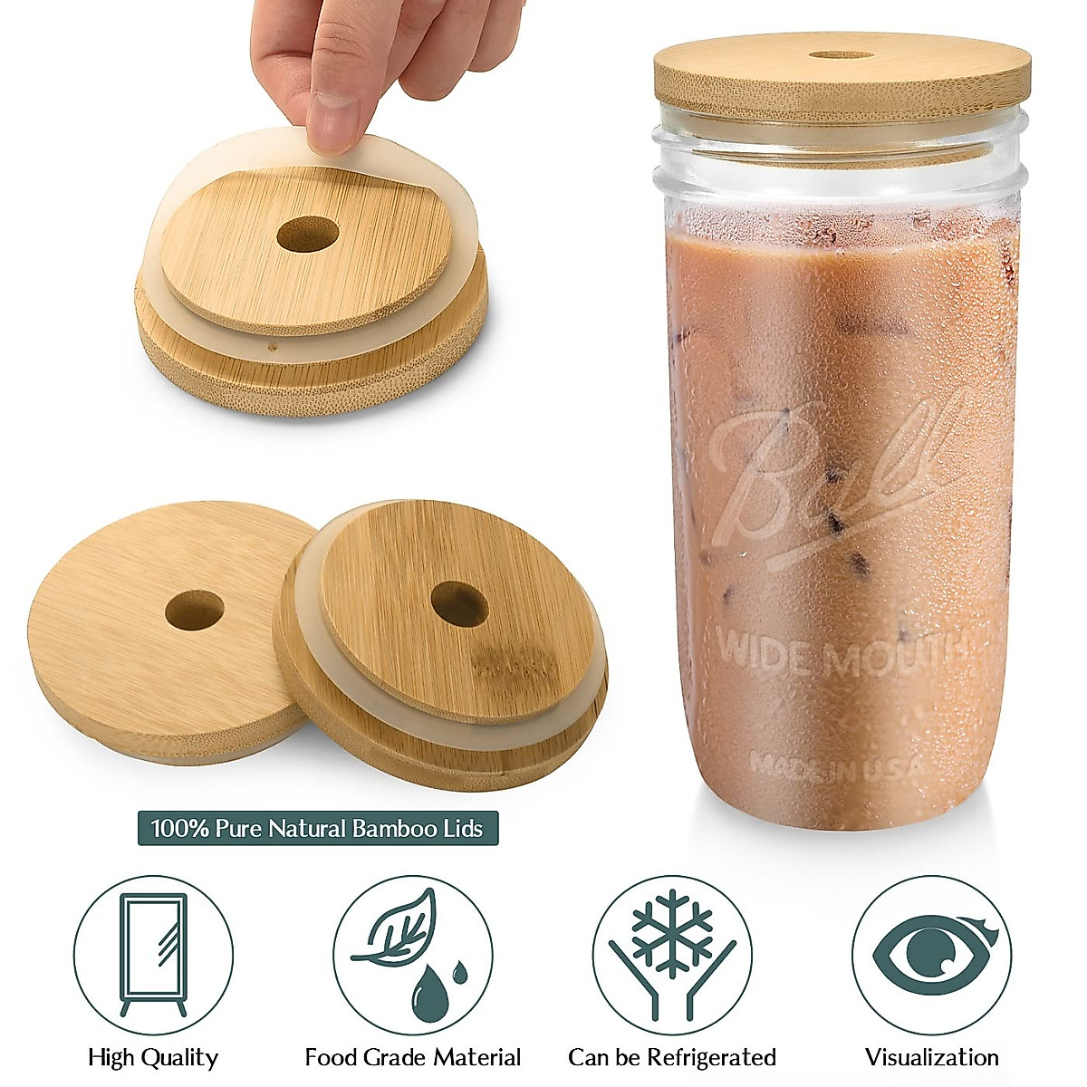 Dearwell Mason Jar Cups with Lids and Straw,Bubble Tea Cups,24 Oz ECO Reusable Wide Mouth Bamboo Lids Drinking Glasses,Glass Tumbler for Juice Coffee Milkshake Jam, Juices, Honey, Cocktail(Set of 6)