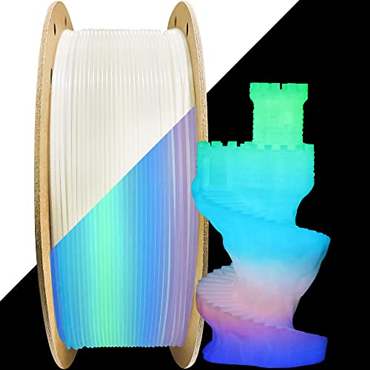 1.75mm Glowing in Dark Fast Color Change Rainbow Multi Colored PLA Filament, Each 5-10m Fast Color Random Gradually Changed 3D Printer Material, 1KG 2.2lbs PLA with Extra 3D Printing Tool by MIKA3D