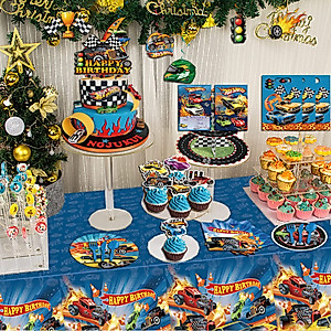 147 Pcs Hot Car Birthday Party Supplies,Included Banner,Hanging Swirls,Tablecloth,Cake Topper,Cupcake Toppers,Gift Bag, Invitation Card,Balloon,Racing Car Tableware Set for Boy Party Decorations