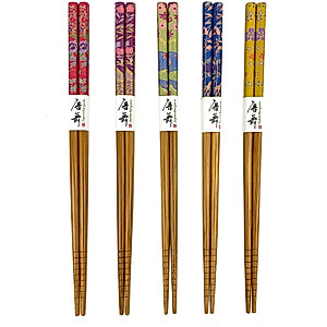 JapanBargain 3648, Bamboo Chopsticks Set Reusable Japanese Chinese Korean Wood Chop Sticks Hair Sticks, Dishwasher Safe, 5 Pair Gift Set, 9-inch (1)