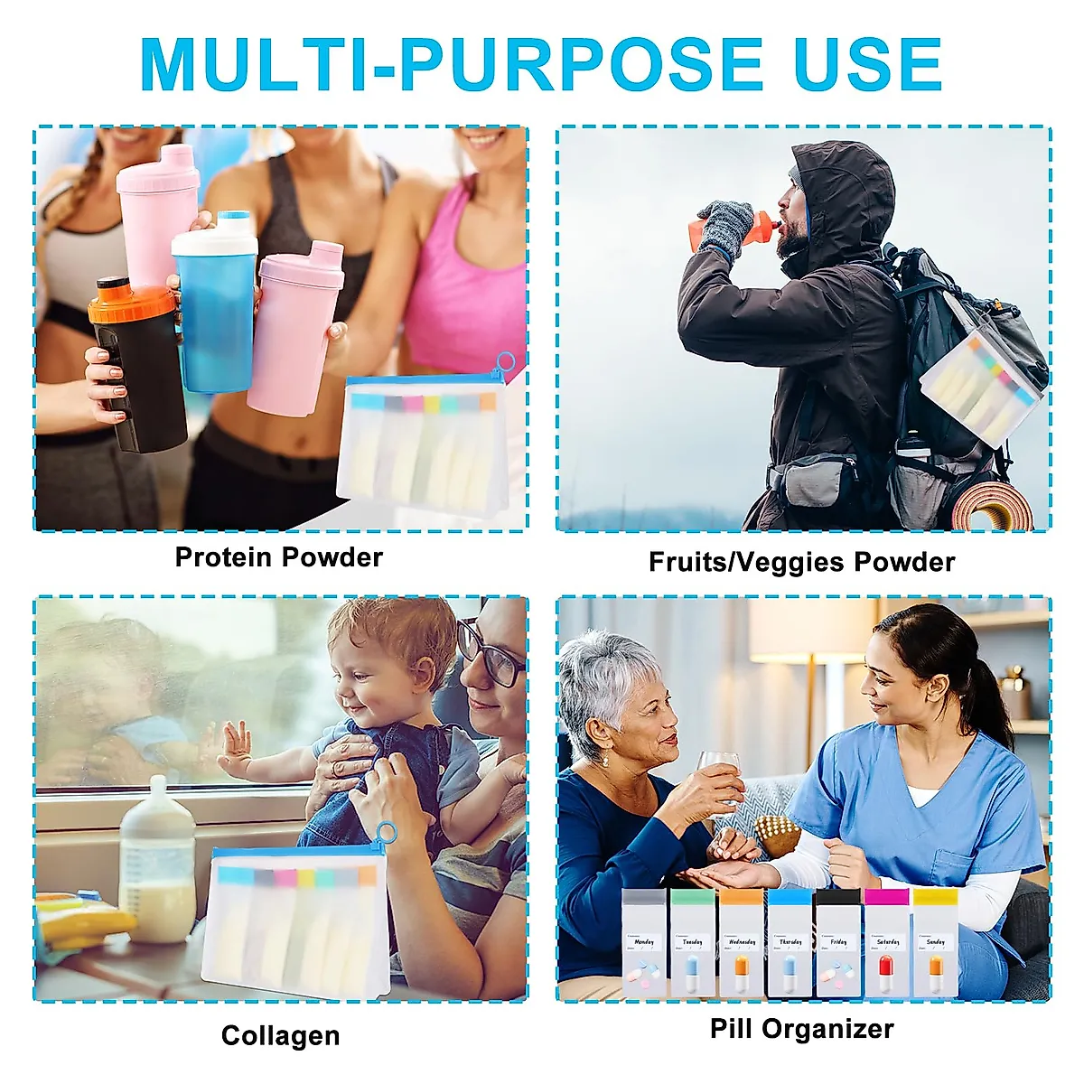 Protein Powder Travel Container with Funnels, Reusable Powder Dispenser Supplement Portable Protein Container To Go, 21pc Single Dose Bags and 3pc Large Standable Zip Bags for Workout, Fitness, Travel