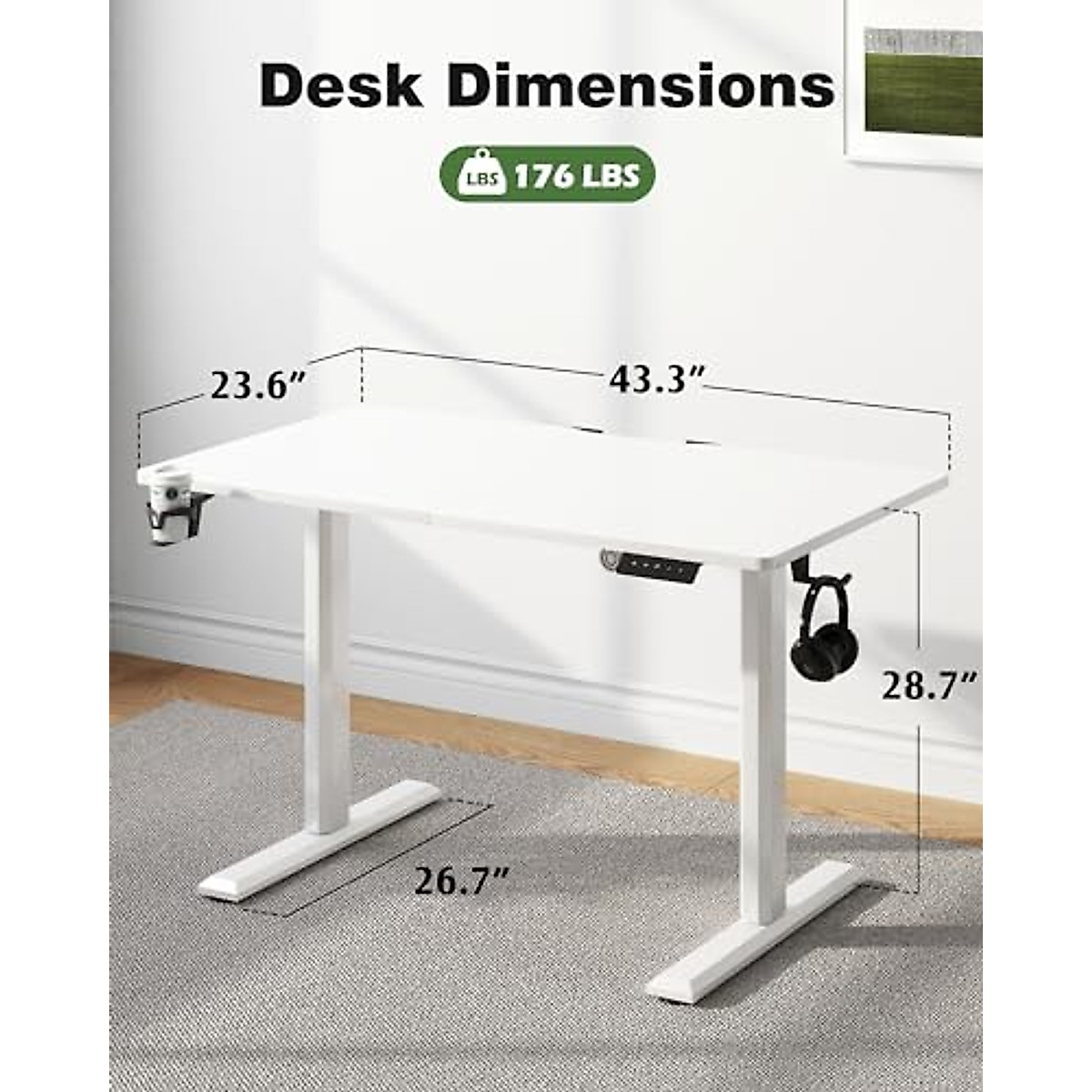 Shahoo Electric Standing Desk, 43 Inch Height Adjustable Home Office Table with Headphone Hook and Cup Holder, Withe Legs/Withe Top