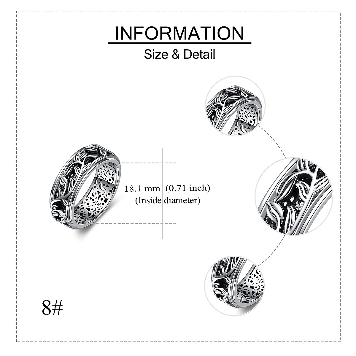 YAFEINI Nature Fidget Ring Sterling Silver Anxiety Ring for Women Filigree Spinner Leaves Band Ring Stress Relieving Wide Ring Jewelry Gifts for Men
