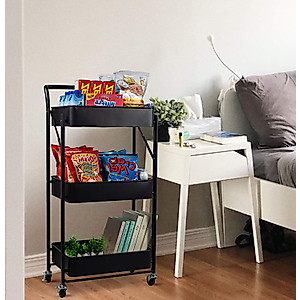 totolot 3-Tier Collapsible Rolling Utility Cart with Lockable Caster Wheels, Metal Storage Cart for Classroom, Office, Bathroom, Black