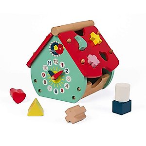 Janod Baby Forest House 2-in-1 Shape Sorter and Tell Time Clock - Ages 18 Months+ - J08008