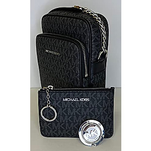 Michael Kors Jet Set Travel Medium Logo Crossbody bundled SM TZ Coinpouch & Purse Hook (Signature MK Black)
