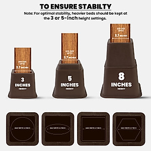Utopia Bedding Adjustable Bed Furniture Risers - Elevation in Heights 3, 5 or 8 Inch Heavy Duty Risers for Beds and Under Bed Storage - Supports up to 1,300 lbs - (Set of 4 Riser, Brown)