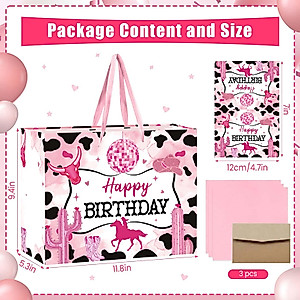 Pink Cowgirl Birthday Gift Bag Set with Tissue Paper – Extra Large Birthday Bag for Girls, Cowgirl Party Decorations, Western Theme Gift Bags for Women Kids, Disco Cowgirl Party Favors, 11.8 x 9.4 x 5.3 Inches