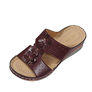 Ladies Fashion Retro Solid Leather Flower Decorative Open Toe Thick Sole Sandals Summer Sandals for Women (Wine, 8)
