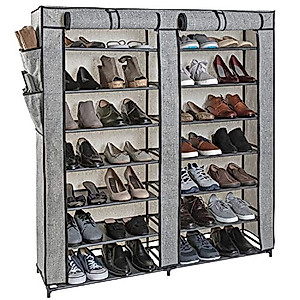 Simplify 7 Tier Double Wide 14 Shelf Shoe Storage Closet Organizer Rack with Cover and Side Pockets, Freestanding, Holds 42 Pairs, Good for Sneakers, Flats, Heels & Boots, Black