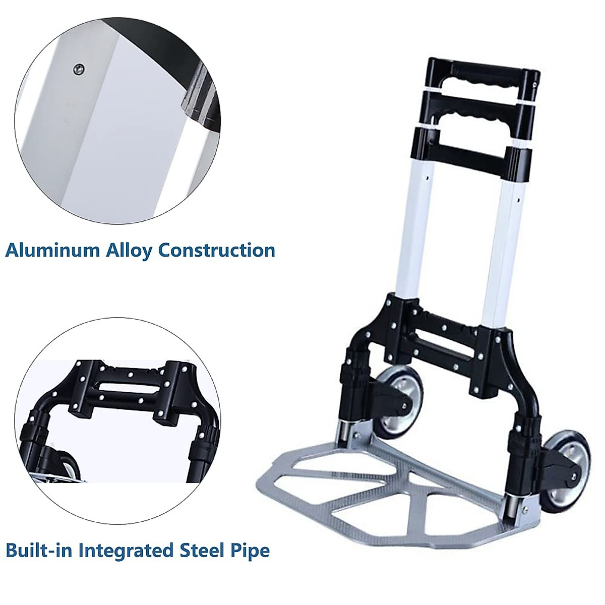 Folding Hand Truck and Personal Dolly,200lbs Aluminum Stair Climbing Dolly Cart with Rubber Wheels and Bungee Cord,Heavy Duty Handcart Luggage Cart for Home,Travel, Moving and Office Use
