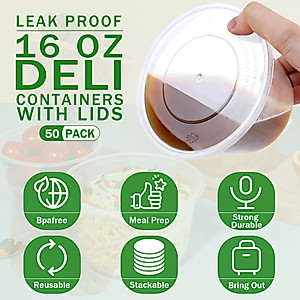 WEWBABY 16 OZ [50 Set] Plastic Deli Food Storage Containers with Leak-Proof Airtight Lids BPA Free Disposable Togo Clear Containers for Soups, Heavy-Duty Ice Cream Microwave Dishwasher Freezer Safe