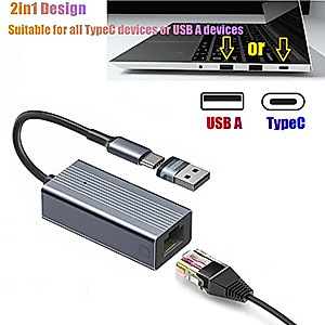 USB C to Ethernet Adapter for iPhone 15 iPad, [2in1] USB A and Type C to RJ45 Network LAN Enternet Adapter Compatible with iPhone iPad MacBook Dell XPS, Galaxy S20, Phone, Laptop, PC etc
