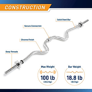 Marcy 2-Piece Threaded Super Curl Bar with Chrome Spin Lock Collars Free Weights Accessories for Home Gym SCB-248