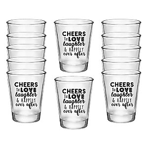 Cheers to Love Laughter Happily Ever After Shot Glasses, Set of 12 Clear 1.75oz Doubled sided Wedding Shot Glasses, Perfect Wedding Favor, Wedding Shot glasses, Bridal Party Shot Glasses