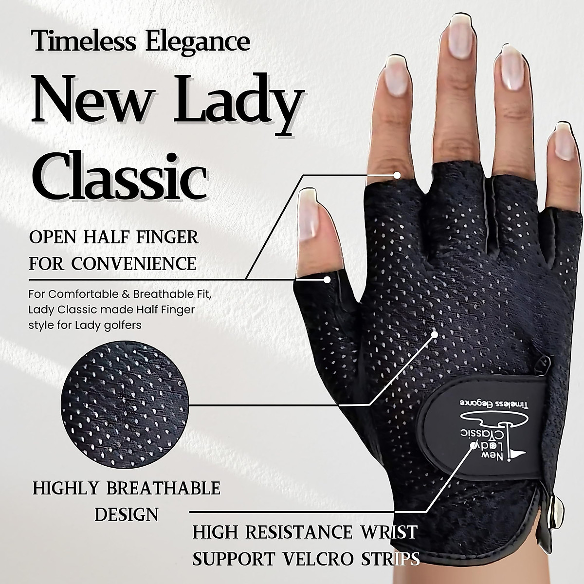 XEIRPRO New Lady Classic Women's Black Half Finger Golf Gloves - Tacky & Breathable Women's Golf Gloves Weather - Worn on Left (Black/Black, Small)