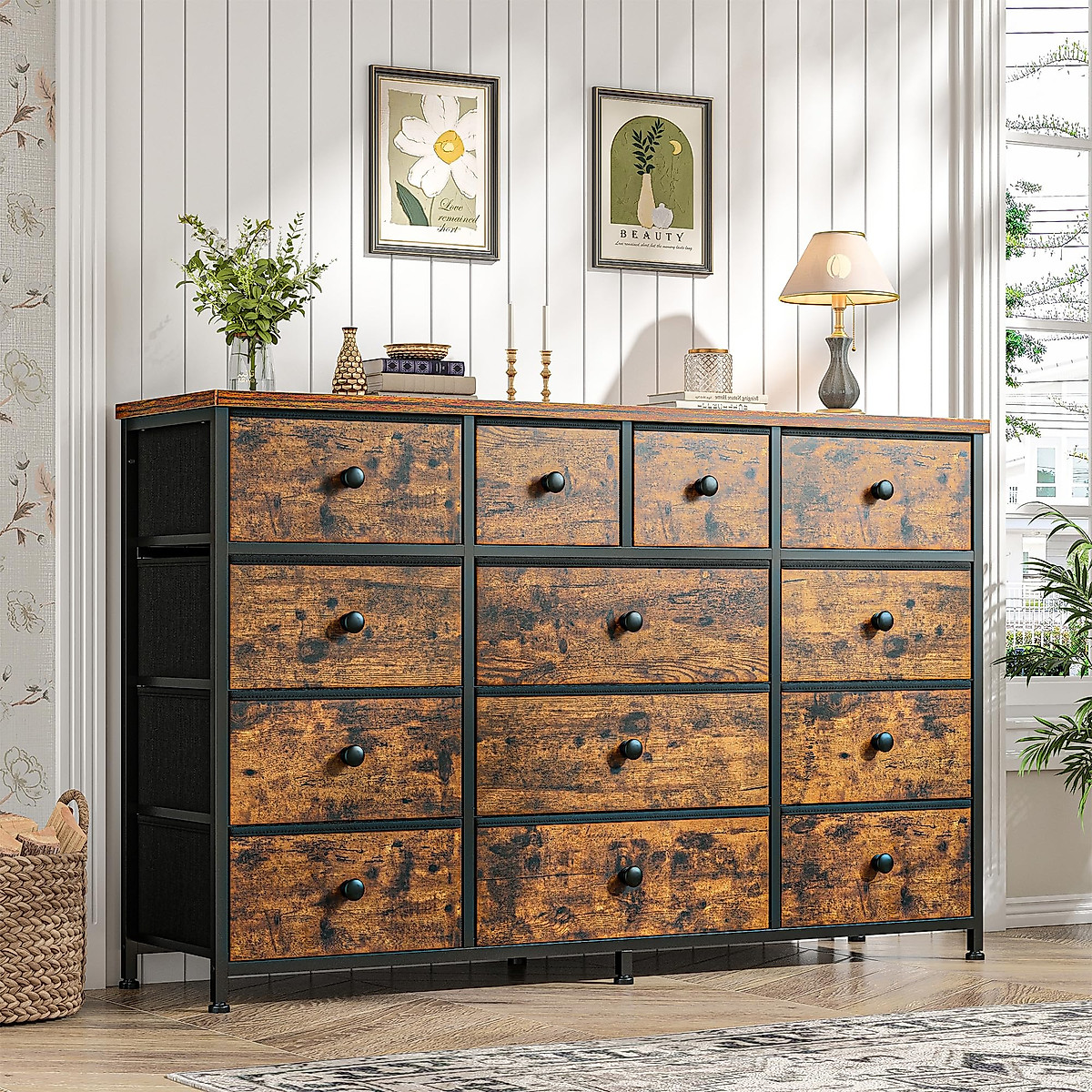 EnHomee Dresser for Bedroom with 13 Drawers Dresser Bedroom Long Dressers & Chest of Drawers Large Storage Fabric Dresser for Bedroom Living Room Entry, Sturdy Metal Frame,47.2" Wx 33" H x 11.8" D