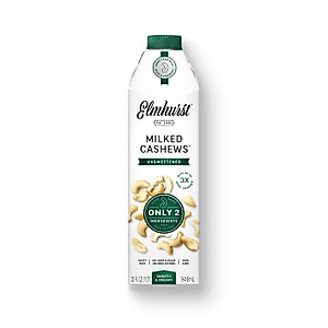 Elmhurst 1925 Cashew Milk, Unsweetened Cashew Milk, Shelf Stable Cashew Milk, Vegan, Kosher, Nondairy, Sugar Free, Non GMO, Plant Based Alternative Milk, Made With Water And Cashews, Simpler Better, 32 Ounce (Pack of 6)