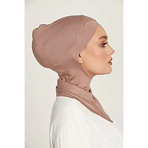 LMVERNA 2 Pieces Modal Hijab Cap Adjustable Muslim Stretchy Turban Full Cover Shawl Undercap Full Neck Coverage for Women (White+Light khaki)