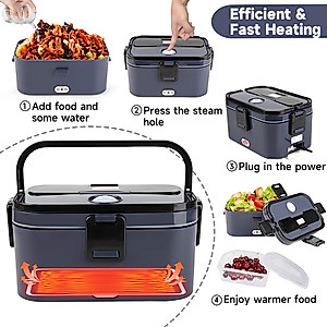 IXIIE Electric Lunch Box Food Warmer Heater for Adults 80W, 1.8L Portable Upgraded Heated Lunch Box for Truck/Car/Office/Home,with 0.45L Compartment Fork & Spoon and Insulated Carry Bag
