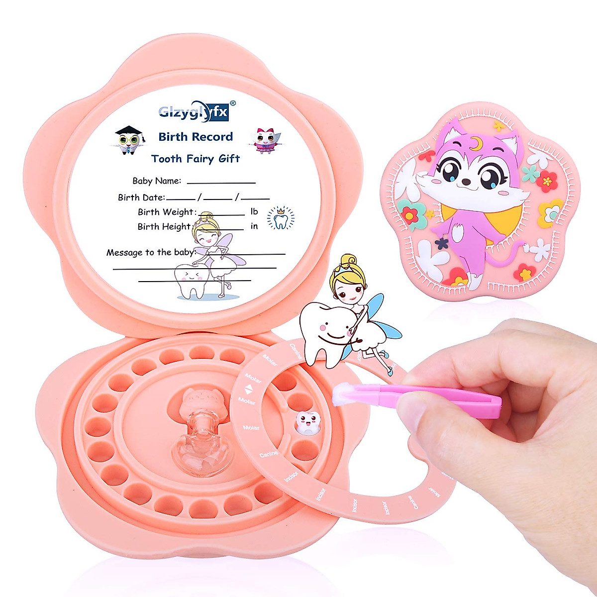 Glzyglyfx Baby Teeth Keepsake Box,Tooth Fairy,Lost Deciduous Tooth Collection Organizer,Cute Children Tooth Fetal Hair Umbilical Container,Saving Baby Teeth (Pink)