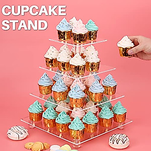 Antimbee 4 Tier Clear Acrylic Cupcake Stand with Gold LED String Lights, Square Tower Cupcake Display Holder