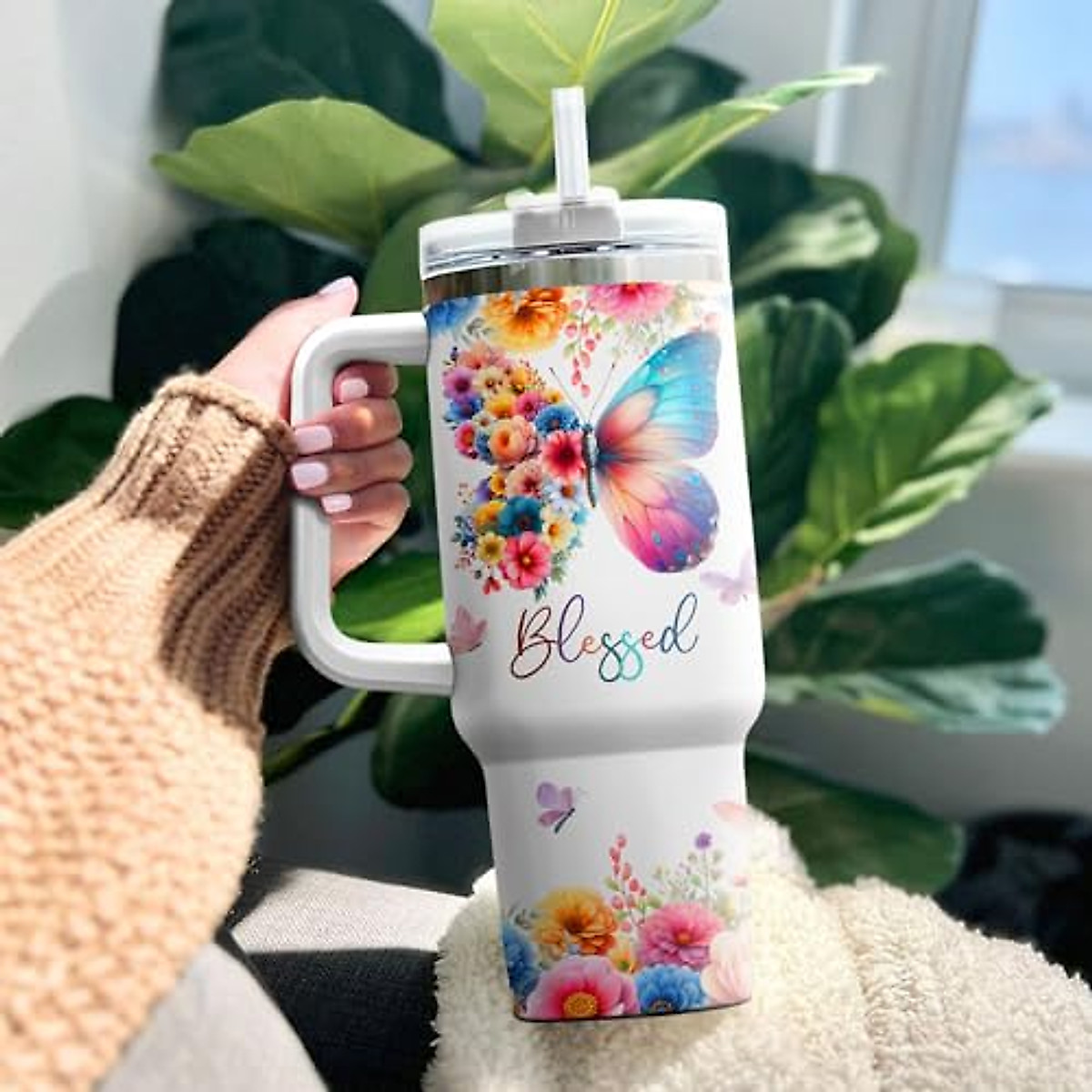 99WHALE Insulated Handle Steel Floral Yellow Stainless Quartz Coffee Hot Modern Rose Red Camelia, Christian Gifts, Tumbler 40 Oz With Handle Lid And Straw, Butterfly Blessed Faith