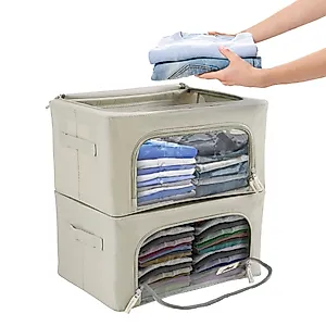 Asani Foldable Storage Bin Boxes with Clear Window, Decorative Bedroom Closet Organizer for Clothes, Bedsheet, Blanket, Reinforced Carry Handles, Double Study Zipper, Fabric, 15.75" L X 12" W X 8" H