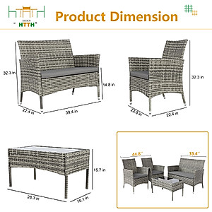 HTTH 4-Piece Outdoor Patio Furniture Sets Wicker Sofa with Cushions and Coffee Table Garden Lawn Pool Backyard Outdoor Sofa Sets (Grey-Grey)