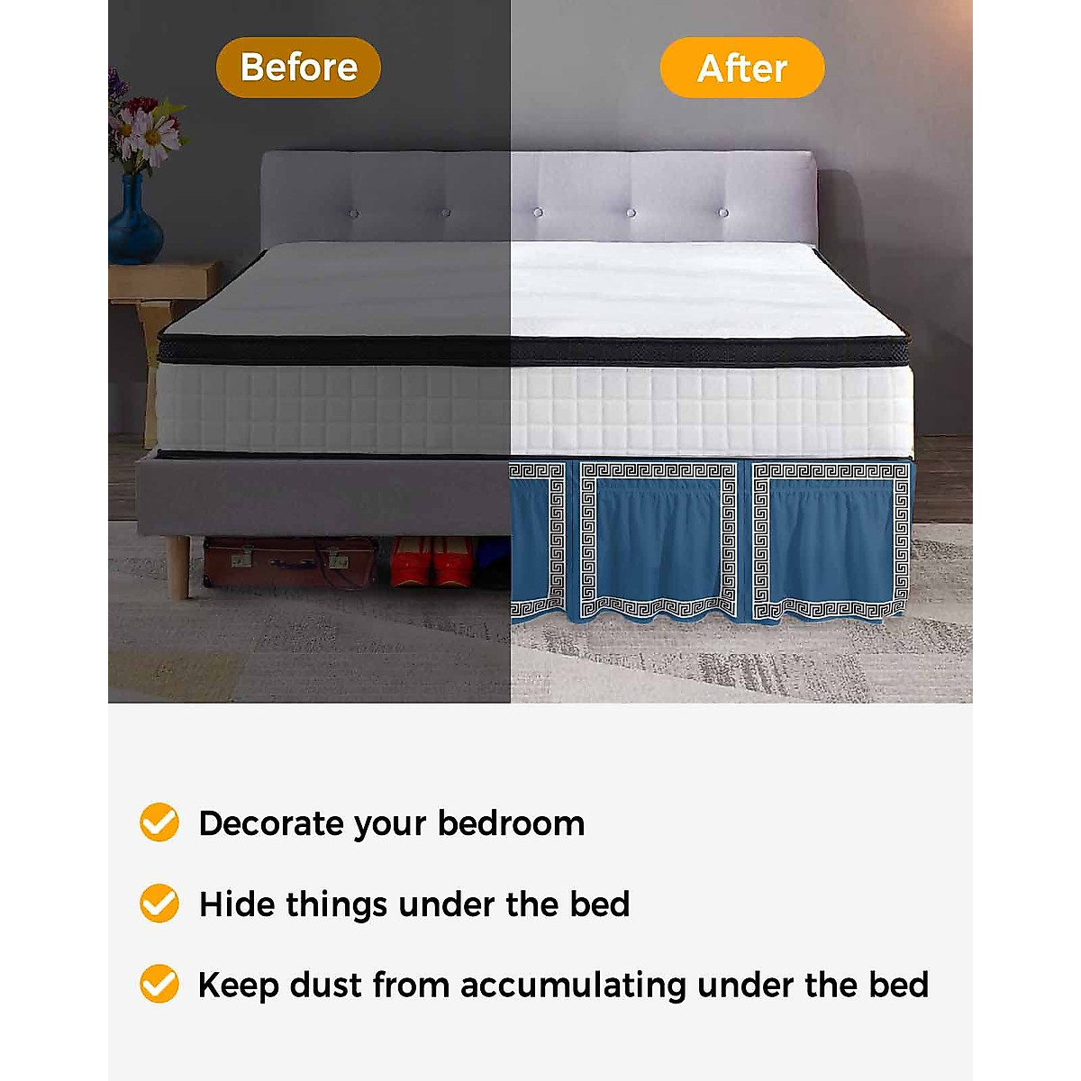 Chinese Bed Skirt Cal King Size 18 Inch Drop,Adjustable & Elastic Wrap Around Bed Skirts Pleated Luxury Dust Ruffles for Twin Full Queen Cal King Base Bed,Traditional Blue Black Geometric Tile Pattern