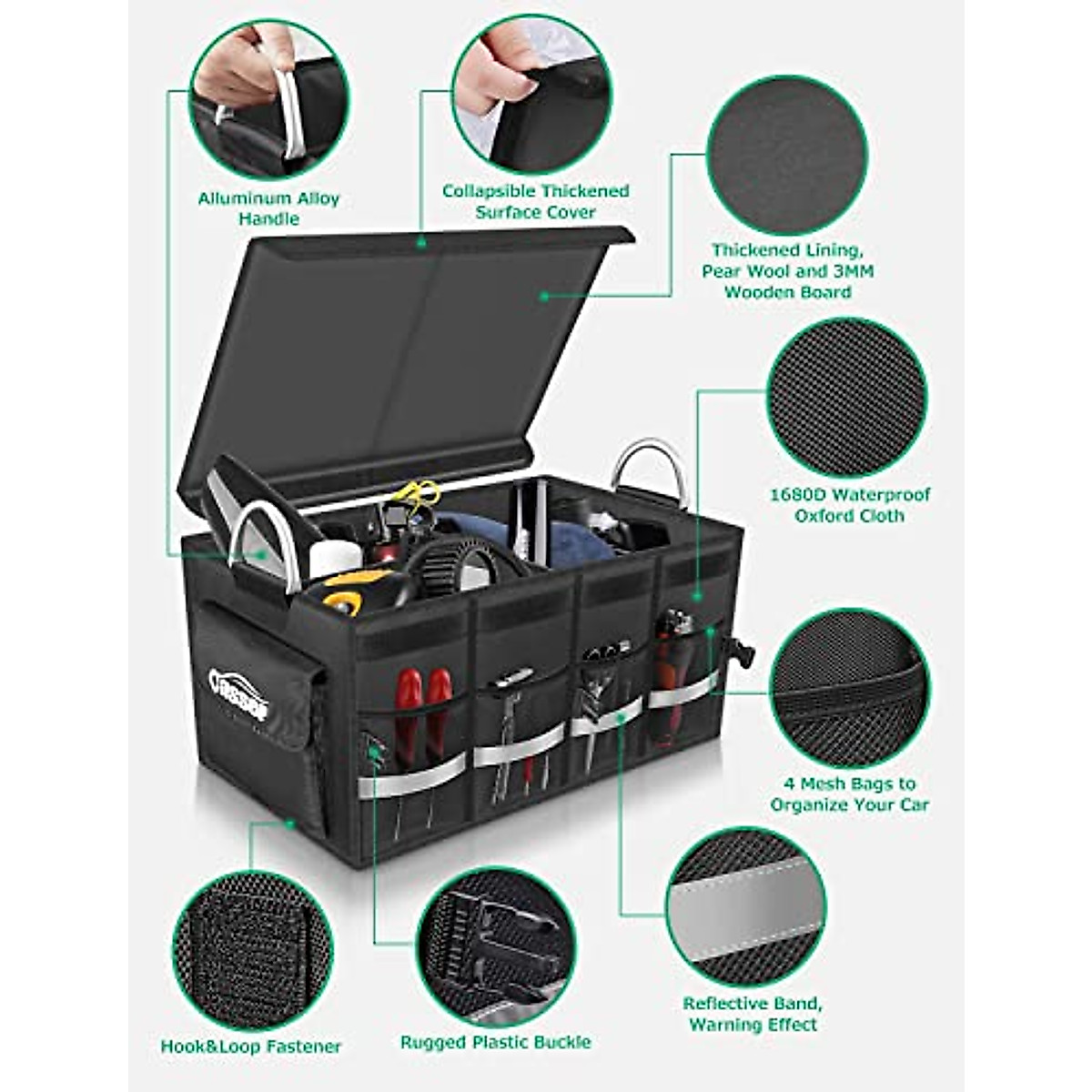 Oasser Trunk Organizer Cargo Organizer Trunk Storage Waterproof Collapsible Durable Multi Compartments with Foldable Cover Aluminium Alloy Handle Reflective Strip
