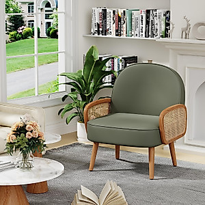 Aklaus Mid Century Modern Accent Chair Armchair with Rattan Arms Upholstered Rattan Boho Accent Chair for Living Room Bedroom Balcony Faux Leather Reading Chairs Side Club Chair Green