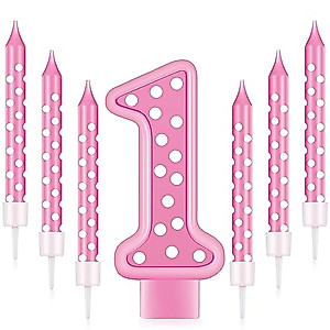 Birthday Candle Number 1 Girls 3 Inch Hot Pink Candle and 6 Pcs Polka Dot Birthday Candles 3.8 Inch First Party Cake Birthday Decorations for Girl