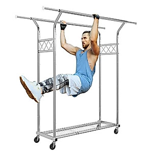 Simple Trending Heavy Duty Double Rod Clothes Rack Load 400 LBS, Metal Commercial Garment Rack, Standing Rolling Clothing Rack for Hanging Clothes with Sturdy Wheels & Shelves, Chrome