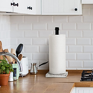 MyGift Industrial Black Metal Pipe Paper Towel Holder Countertop Bathroom Paper Towel Holder Stand with Vintage White Solid Wood Base