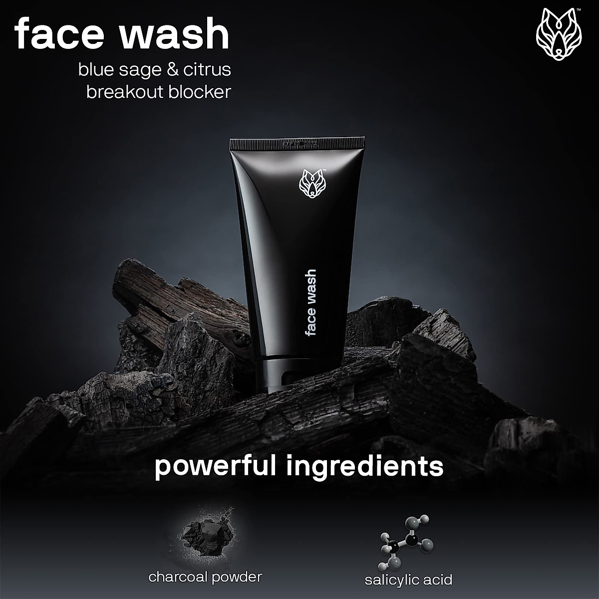 Black Wolf Men’s Charcoal Powder Face Wash- 5 Fl Oz- Facial Cleanser Removes Unwanted Impurities from Your Skin and Soothes Irritation- Subtle Blue Sage and Citrus Scent - Cruelty and Paraben-Free