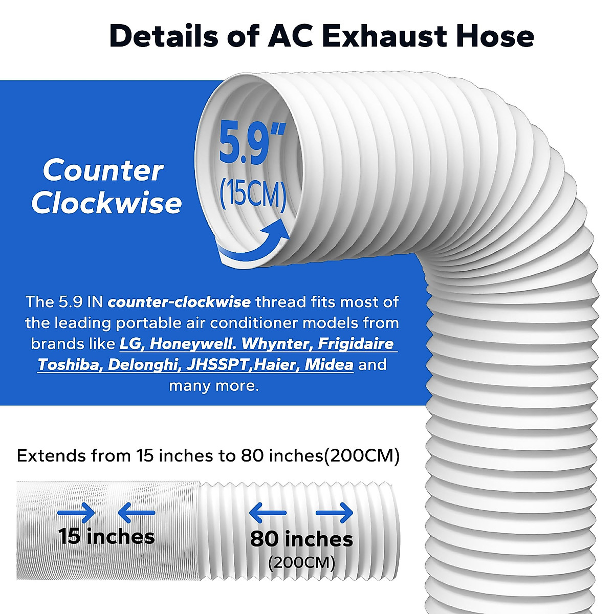 Cestluck Flexible AC Exhaust Hose, 5.9" Diameter Counterclockwise AC Hose, Length to 80", Portable Air Conditioner Vent Hose Compatible with Delonghi & LG Air Conditioner Parts