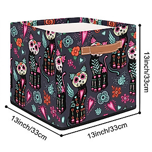 Storage Cube Bin Day Of The Dead Cats Halloween Flowers Large Storage Cube Basket 13×13In, Collapsible Storage Bin with Handles, Fabric Storage Box for Closet Shelves Nursery Toys Home Organization