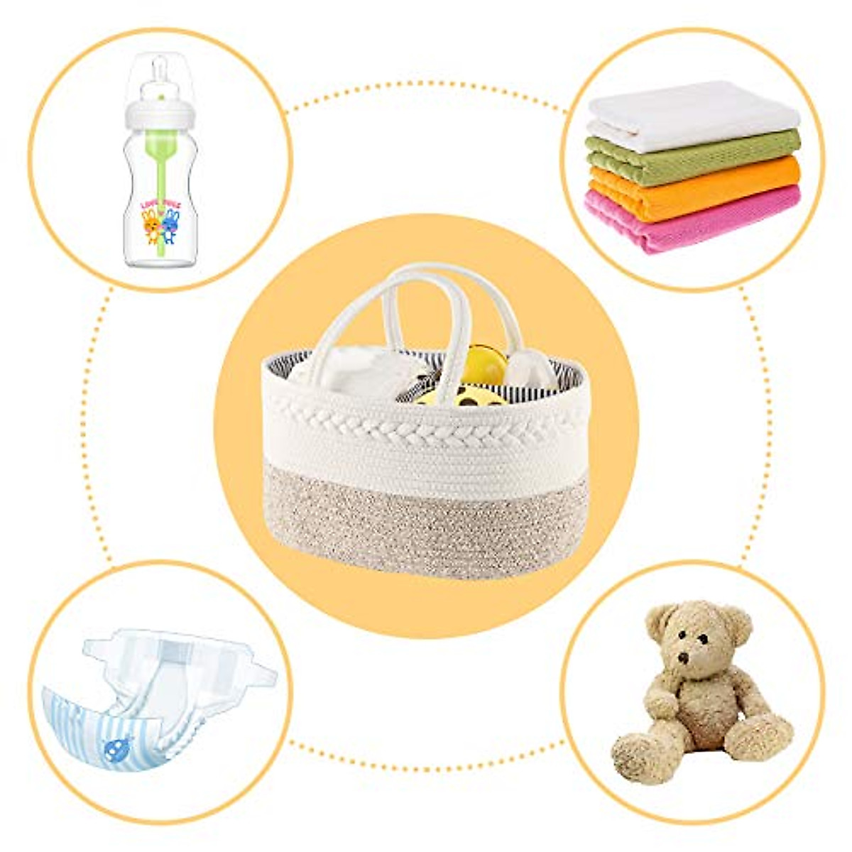 WHATWEARS Baby Diaper Caddy Organizer, Portable Diaper Caddy Basket for Baby Boys and Girls, Cotton Rope Diaper Basket Organizer - Baby Basket with Compartments (Yellow)