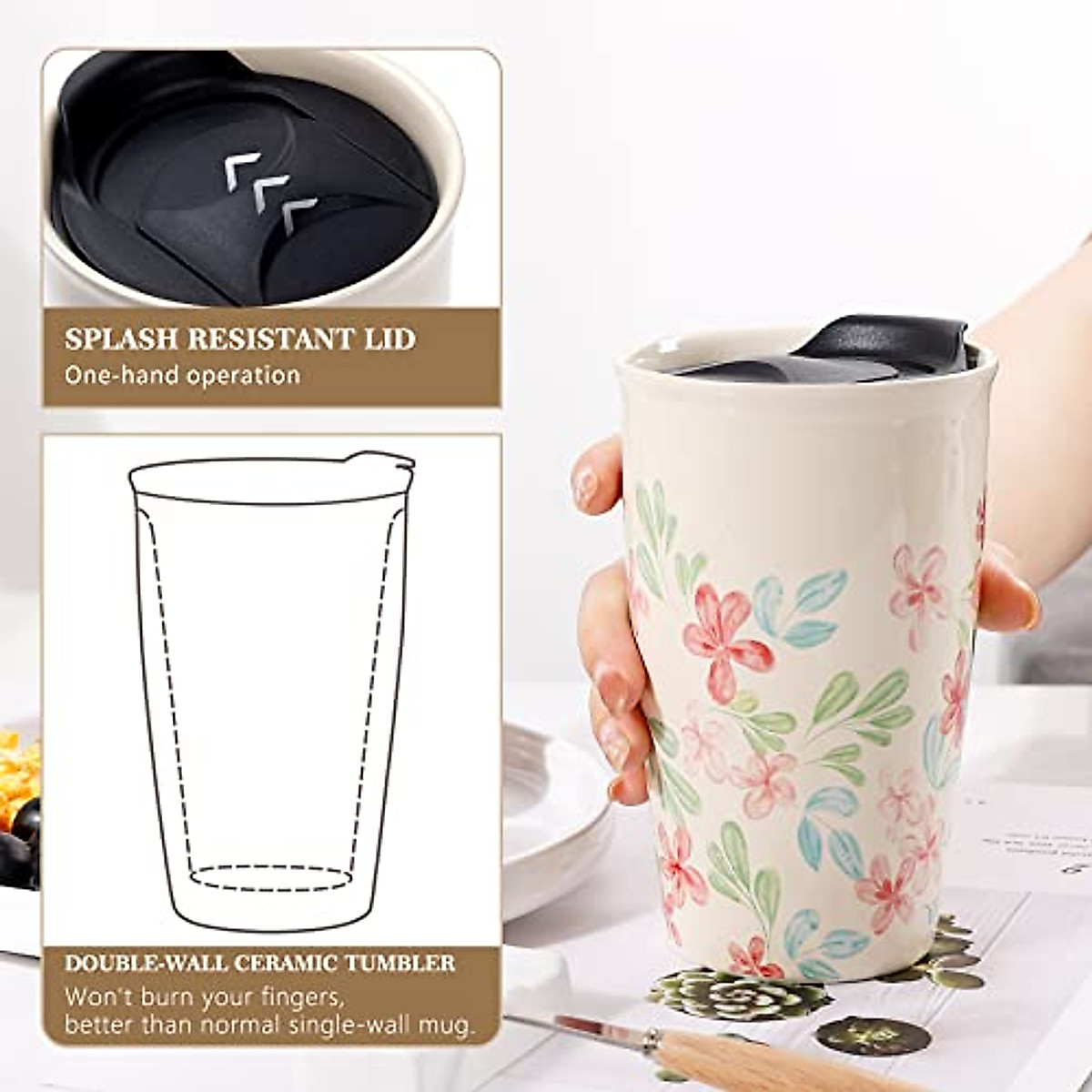 ANTIS'S HOME Ceramic Travel Mug with Lid, Flower Pattern Double Wall Coffee Mug Tumbler 10 oz, Reusable Tall Cup, Splash Resistant Lid, Dishwasher Microwaveable Safe