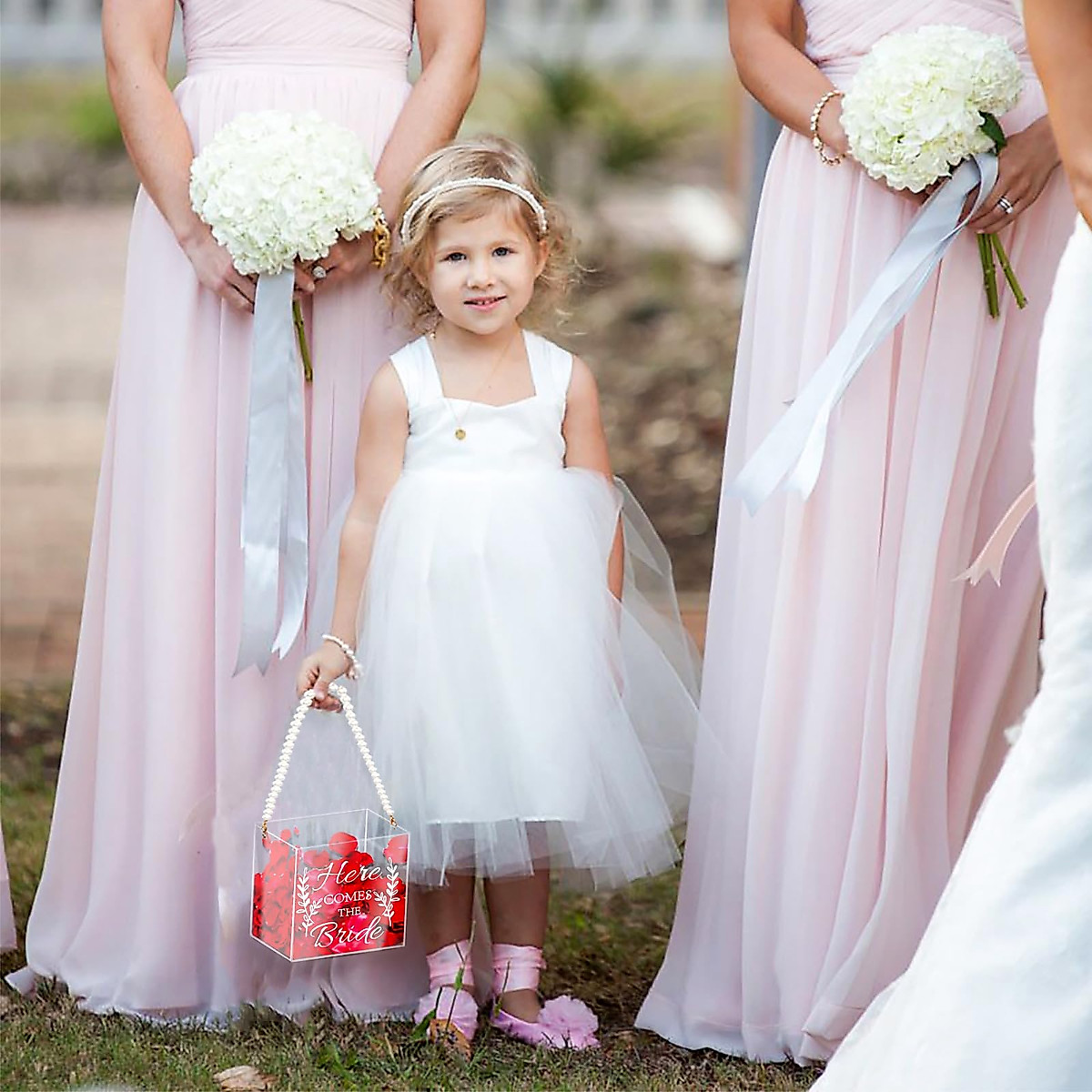 Pahdecor Clear Flower Girl Baskets for Wedding Acrylic Flower Basket With Pearl Handle Wedding Baskets for Flower Girls - Here Comes the Bride