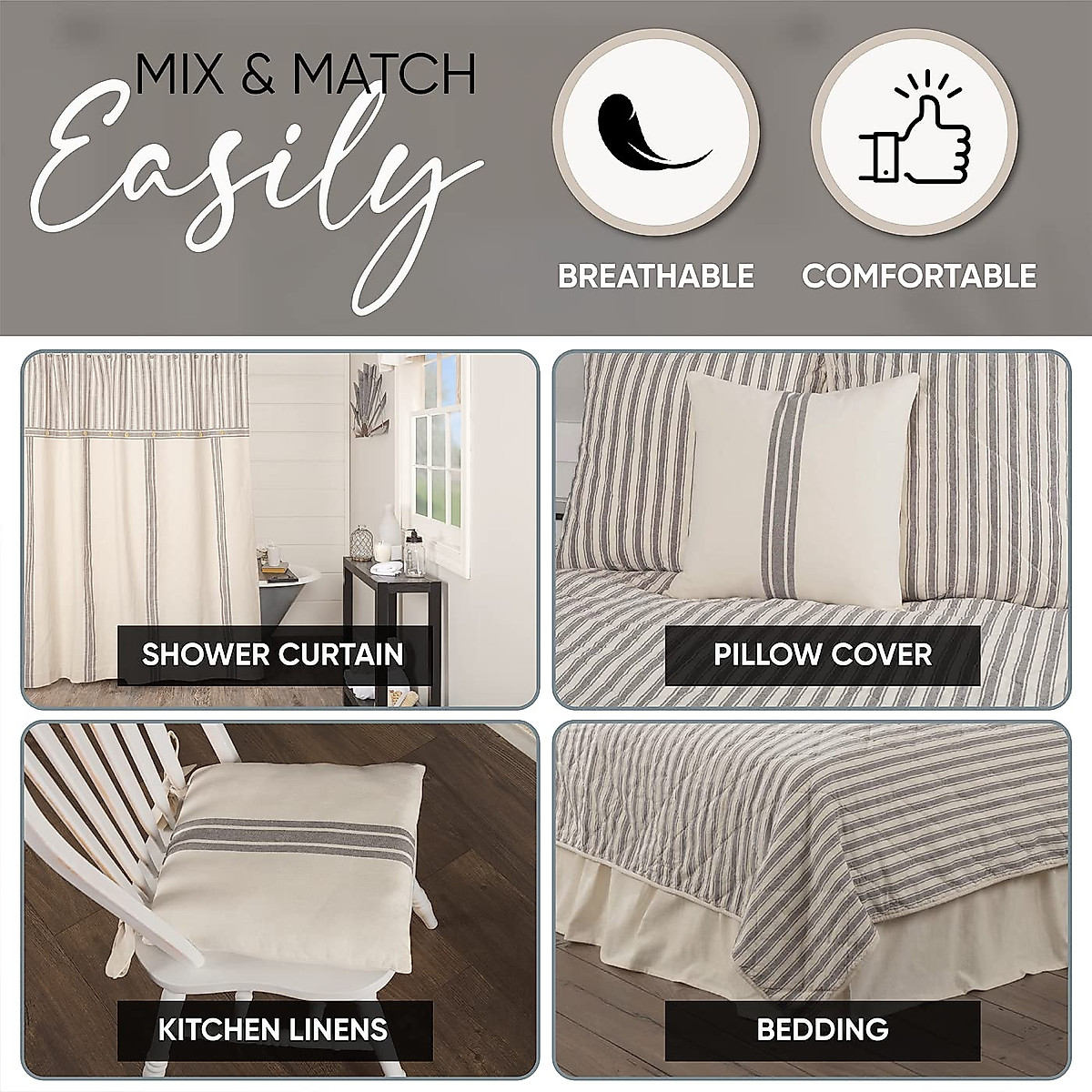 Piper Classics Market Place Gray Queen Quilt, 100% Cotton with Gray Ticking, Hand Quilted Grain Sack Bed Spread Bedding for Boho, Shabby Chic and Rustic Farmhouse Decor (90”x90”) …