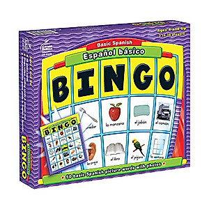 Carson Dellosa Basic Spanish Bingo Game—Learning Board Game with 50 Spanish Words with Photos, 36 Game Boards and Bingo Chips for 3-36 Players, Ages 4 and Up