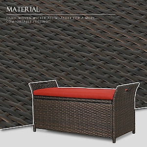 PATIO TREE 40 Gallon Outdoor Storage Bench Rattan Deck Box Patio Steel Frame Wicker Storage Container with Cushion, Red NPT-900004