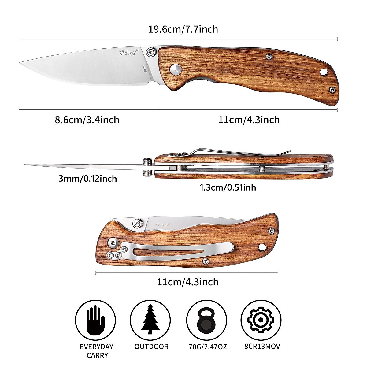 Folding Pocket Knife with Liner lock Stainless Blade Brown Wood Handle with Belt Clip Diamond Sharpening Stone Folding Knife Sharpener Garden Tools
