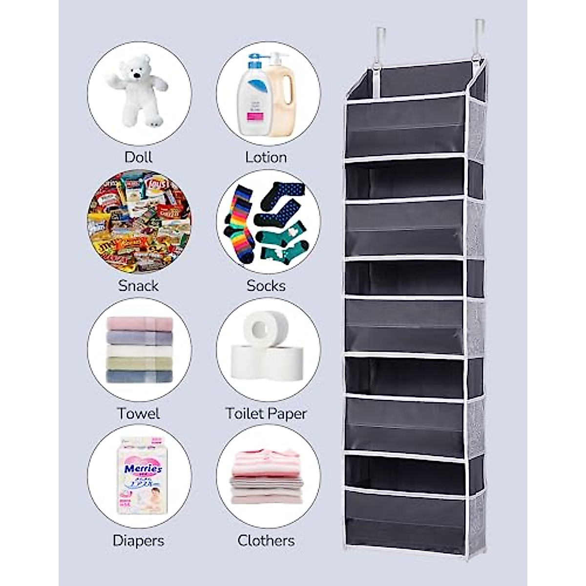 ULG 1 Pack Over Door Organizer with 5 Large Pockets 10 Mesh Side Pockets, 44 lbs Weight Capacity Hanging Storage Organizer with Clear Window Kids Toys, Shoes, Diapers, Dark Grey, 5 Layers
